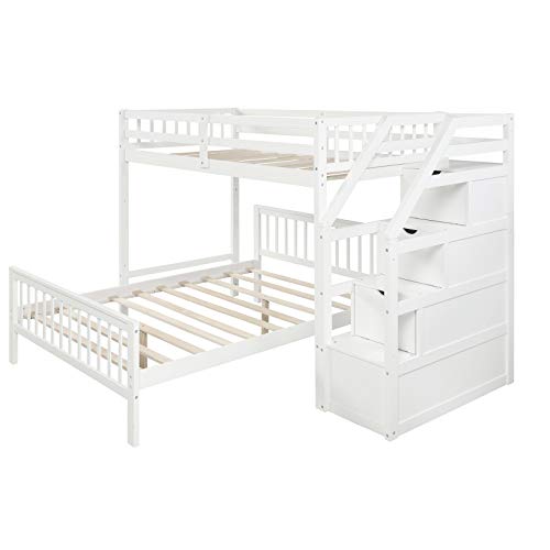 Twin Over Full Bunk Bed, Wood L-Shaped Bunk Beds with Storage Stairs, Twin Over Full Bunk Bed Frame with Guardrails and Ladder for Kids Boys Girls Teens Adults, Can be Convertible into 2 Beds, White