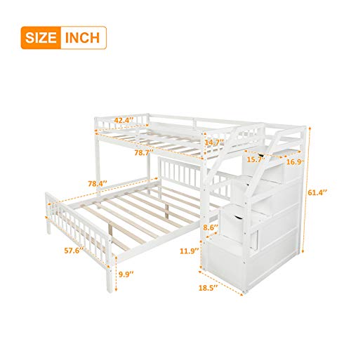 Twin Over Full Bunk Bed, Wood L-Shaped Bunk Beds with Storage Stairs, Twin Over Full Bunk Bed Frame with Guardrails and Ladder for Kids Boys Girls Teens Adults, Can be Convertible into 2 Beds, White