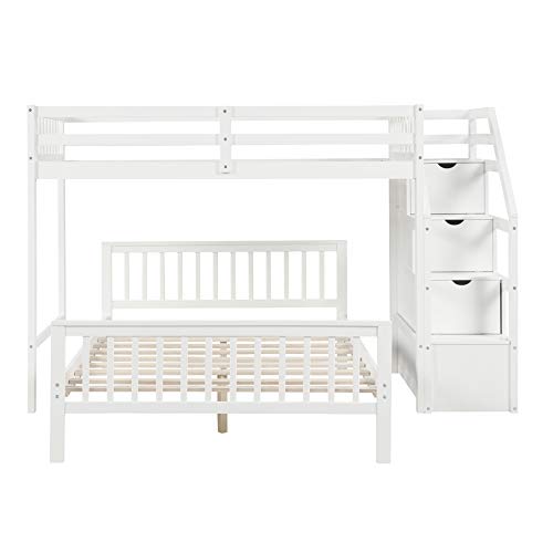 Twin Over Full Bunk Bed, Wood L-Shaped Bunk Beds with Storage Stairs, Twin Over Full Bunk Bed Frame with Guardrails and Ladder for Kids Boys Girls Teens Adults, Can be Convertible into 2 Beds, White