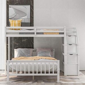 Twin Over Full Bunk Bed, Wood L-Shaped Bunk Beds with Storage Stairs, Twin Over Full Bunk Bed Frame with Guardrails and Ladder for Kids Boys Girls Teens Adults, Can be Convertible into 2 Beds, White