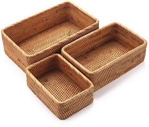 yangqihome natural rattan storage baskets, rectangular woven fruit baskets, wicker decoration and organizer for bathroom, living room (set of 3)