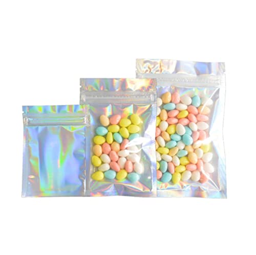 100Pcs Clear Front Glitter Holographic Zip Lock Bags Iridescent Pouches Food Packing Packaging Pouches Bags Storage Pouches Bags Silver 3.9x5.9in (10x15cm)