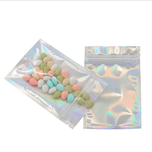 100Pcs Clear Front Glitter Holographic Zip Lock Bags Iridescent Pouches Food Packing Packaging Pouches Bags Storage Pouches Bags Silver 3.9x5.9in (10x15cm)