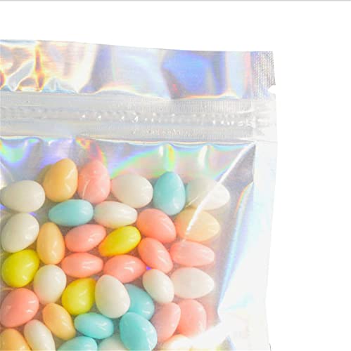 100Pcs Clear Front Glitter Holographic Zip Lock Bags Iridescent Pouches Food Packing Packaging Pouches Bags Storage Pouches Bags Silver 3.9x5.9in (10x15cm)