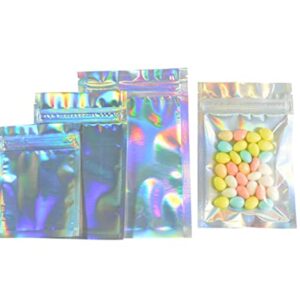 100Pcs Clear Front Glitter Holographic Zip Lock Bags Iridescent Pouches Food Packing Packaging Pouches Bags Storage Pouches Bags Silver 3.9x5.9in (10x15cm)