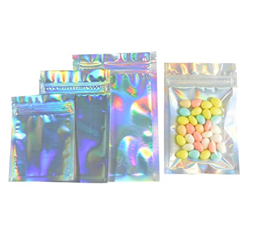 100Pcs Clear Front Glitter Holographic Zip Lock Bags Iridescent Pouches Food Packing Packaging Pouches Bags Storage Pouches Bags Silver 3.9x5.9in (10x15cm)