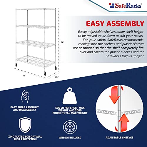 SafeRacks NSF Certified Storage Shelves, Heavy Duty Steel Wire Shelving Unit with Wheels and Adjustable Feet, Used as Pantry Shelf, Garage or Bakers Rack Kitchen Shelving - (24"x48"x72" 4-Tier)