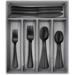 hiware 20-piece black silverware set with tray, stainless steel flatware cutlery set service for 4, kitchen black utensils tableware set for home restaurant, mirror finish, dishwasher safe