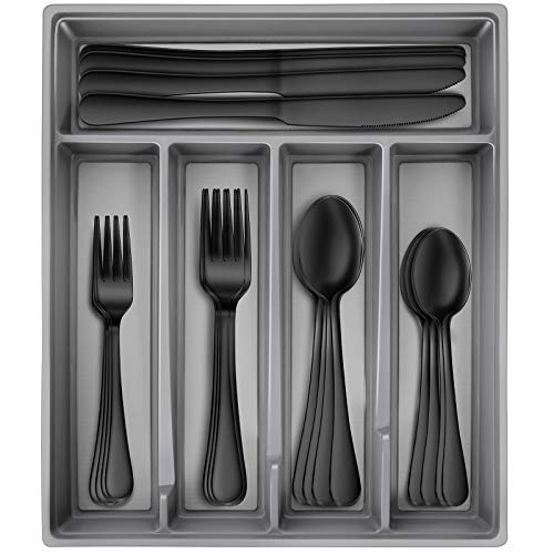 Hiware 20-Piece Black Silverware Set with Tray, Stainless Steel Flatware Cutlery Set Service for 4, Kitchen Black Utensils Tableware Set for Home Restaurant, Mirror Finish, Dishwasher Safe