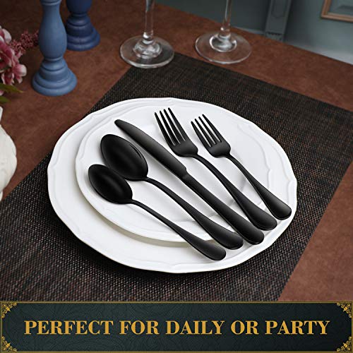 Hiware 20-Piece Black Silverware Set with Tray, Stainless Steel Flatware Cutlery Set Service for 4, Kitchen Black Utensils Tableware Set for Home Restaurant, Mirror Finish, Dishwasher Safe