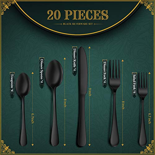 Hiware 20-Piece Black Silverware Set with Tray, Stainless Steel Flatware Cutlery Set Service for 4, Kitchen Black Utensils Tableware Set for Home Restaurant, Mirror Finish, Dishwasher Safe