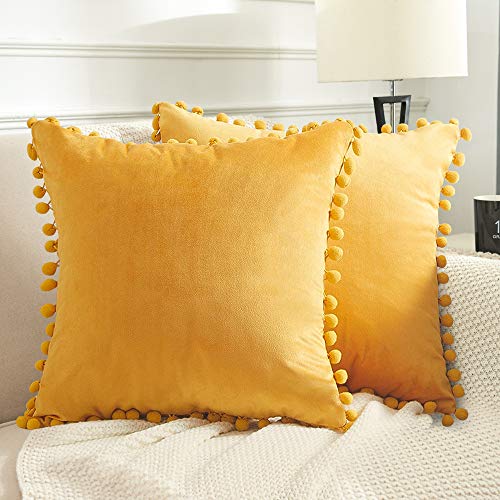 BeBen Decorative Throw Pillow Covers with Pom Poms, Pack of 2 Soft Particles Velvet Pillow Cases Square Cushion Covers for Couch Bedroom Car Sofa Outdoors 16x16 Mustard Yellow,2 Count (Pack of 1)