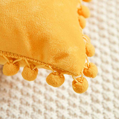 BeBen Decorative Throw Pillow Covers with Pom Poms, Pack of 2 Soft Particles Velvet Pillow Cases Square Cushion Covers for Couch Bedroom Car Sofa Outdoors 16x16 Mustard Yellow,2 Count (Pack of 1)