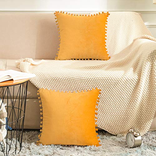 BeBen Decorative Throw Pillow Covers with Pom Poms, Pack of 2 Soft Particles Velvet Pillow Cases Square Cushion Covers for Couch Bedroom Car Sofa Outdoors 16x16 Mustard Yellow,2 Count (Pack of 1)