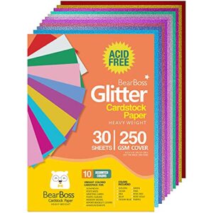 glitter cardstock 30 sheets, cardstock paper - 10 assorted colors 250gsm , a4 size, glitter paper sparkly paper for diy crafts, cricut, scrapbooking, card making by bearboss