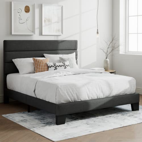 SHA CERLIN Full Platform Bed Frame with Upholstered Fabric Headboard, Mattress Foundation with Strong Wooden Slats Support, No Box Spring Needed, Grey