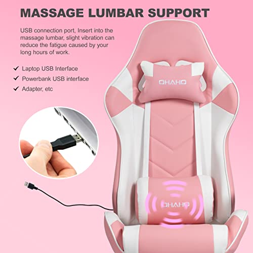 OHAHO Gaming Chair Racing Style Office Chair Adjustable Massage Lumbar Cushion Swivel Rocker Recliner Leather High Back Ergonomic Computer Desk Chair with Retractable Arms and Footrest (Pink/White)