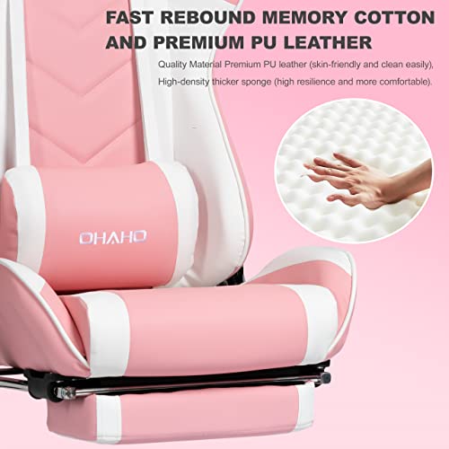 OHAHO Gaming Chair Racing Style Office Chair Adjustable Massage Lumbar Cushion Swivel Rocker Recliner Leather High Back Ergonomic Computer Desk Chair with Retractable Arms and Footrest (Pink/White)