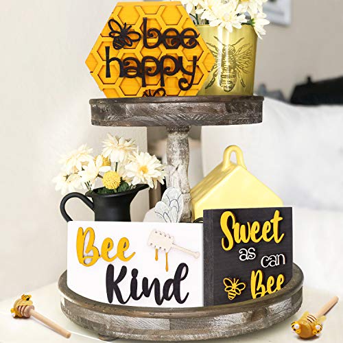 Huray Rayho Bee Wooden Sign Tiered Tray Decor Set of 5, Bee Happy Honeycomb 3D Letter Raised Laser Engrave Wood Block Bundle Honey Dippers Spring Summer Farmhouse Home Kitchen Bookshelf Table Decor