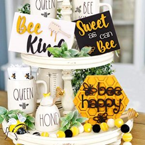 Huray Rayho Bee Wooden Sign Tiered Tray Decor Set of 5, Bee Happy Honeycomb 3D Letter Raised Laser Engrave Wood Block Bundle Honey Dippers Spring Summer Farmhouse Home Kitchen Bookshelf Table Decor