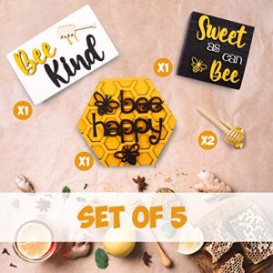 Huray Rayho Bee Wooden Sign Tiered Tray Decor Set of 5, Bee Happy Honeycomb 3D Letter Raised Laser Engrave Wood Block Bundle Honey Dippers Spring Summer Farmhouse Home Kitchen Bookshelf Table Decor