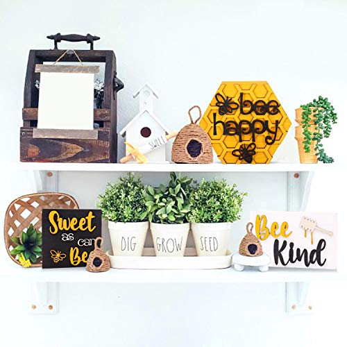 Huray Rayho Bee Wooden Sign Tiered Tray Decor Set of 5, Bee Happy Honeycomb 3D Letter Raised Laser Engrave Wood Block Bundle Honey Dippers Spring Summer Farmhouse Home Kitchen Bookshelf Table Decor