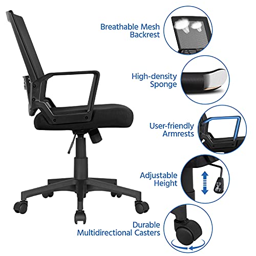 Topeakmart Mesh Desk Chair for Office, Ergonomic Adjustable Task Chair with Rolling Casters, Mid Back Student Chair for Home Black