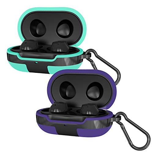 2 Pack Silicone Case Cover for Galaxy Buds Case 2019/Galaxy Buds + Plus Case 2020, with Carabiner, Anti-Lost & Shockproof Soft Skin Accessories for Samsung Galaxy Buds Plus (Purple+Mint Green)