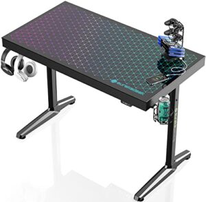 eureka ergonomic rgb led gaming desk, music sync lights up tempered glass desktop, 43" gtg i43 home office computer table w controller rack 4 usb charging ports, app control