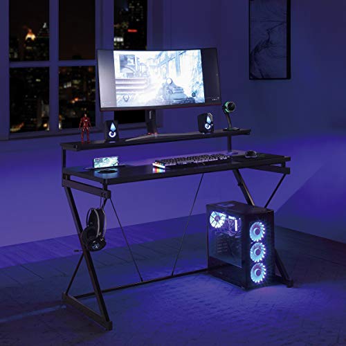 OSP Home Furnishings Emulator Battlestation Gaming Desk with RGB LED Lights, Black