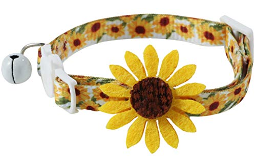 Flower Cat Collar with Detachable Sunflower Charm,Yellow Breakaway Kitten Collar with Bell