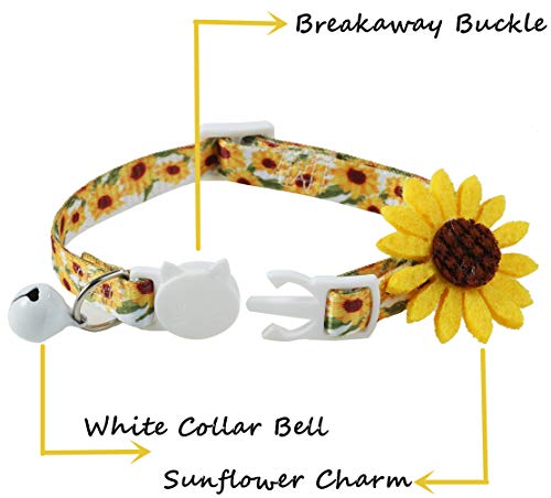 Flower Cat Collar with Detachable Sunflower Charm,Yellow Breakaway Kitten Collar with Bell