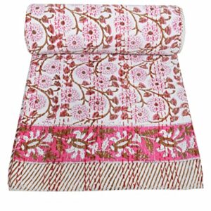 Maviss Homes Beautiful Indian Traditional Patchwork Super Soft Cotton Double Kantha Quilt | Throw Blanket Bedspreads | Cozy Blanket Quilt | Easy Machine Washable and Dryable; Red