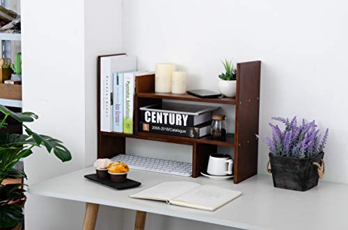 Desktop Organizer wood Office Storage Rack Adjustable Extendable Natural Wood Desktop Organizer Display Shelf Stand Rack Desk Organizer Countertop Shelf Bookcase Expandable Storage Office Home (Brwon)