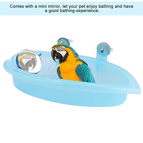 Junluck Bird Cage Bath, Cute Pet Parrot Bathtub Bird Bathing Box with Mirror Bird Feeding Box Bird Bath Bird Cage Toy Hanging Bath Cage for Budgerigar, Parakeet, Cockatiel (Blue)