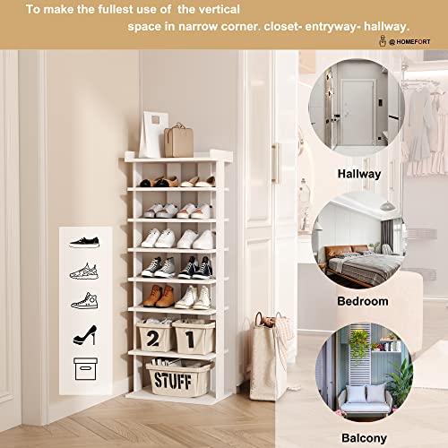 HOMEFORT 7-Tier Wood Shoe Rack, Double Rows 7-Tier Shoe Shelf, Shoe Storage Stand, Entryway Shoe Tower, Vertical Shoe Organizer Perfect for Narrow Closet, Entryway, Hallway, Bedroom in White