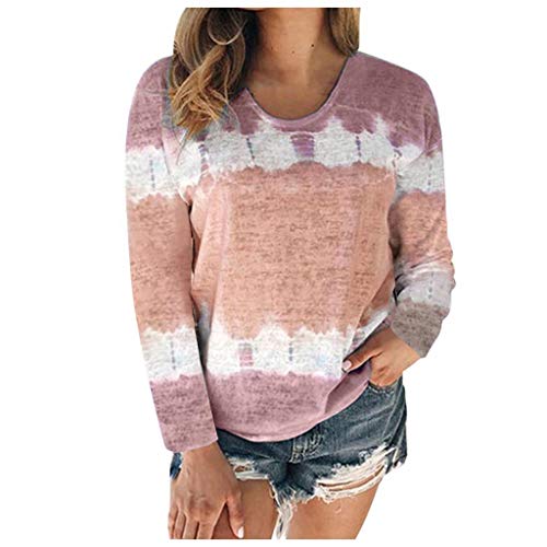 ESKNAS Womens Pullover Tops Autumn Color Block Tie-Dye Patchwork Print Long Sleeve T-Shirts Crew-Neck Sweatshirts(Pink,S)