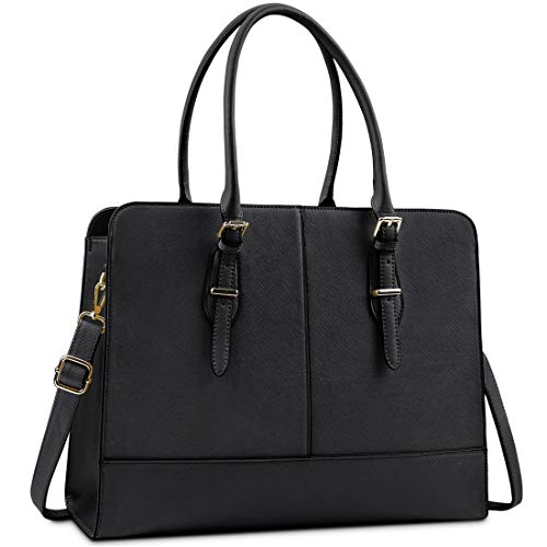 Laptop Bag for Women Leather Work Tote 15.6 Inch Laptop for Computer Bag Waterproof Business Office Professional Large Capacity Handbag Shoulder Bag Black