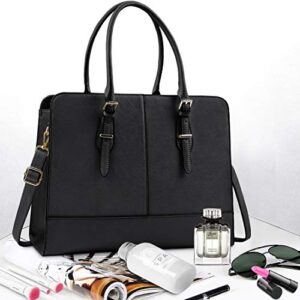 Laptop Bag for Women Leather Work Tote 15.6 Inch Laptop for Computer Bag Waterproof Business Office Professional Large Capacity Handbag Shoulder Bag Black