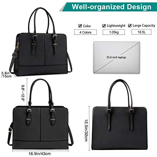 Laptop Bag for Women Leather Work Tote 15.6 Inch Laptop for Computer Bag Waterproof Business Office Professional Large Capacity Handbag Shoulder Bag Black