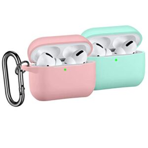 [2 pack] snblk designed for airpods pro case cover silicone protective charging case skin with keychain compatible for apple airpods pro 2019, (front led visible) pink/mint green