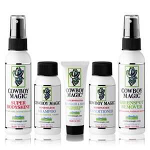 cowboy magic shampoo, conditioner, detangler & shine, super bodyshine, and greenspot remover sampler kit