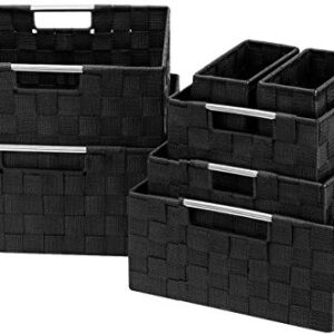 Sorbus Storage Box Woven Basket Bin Container Tote Cube Organizer Set Stackable Storage Basket Woven Strap Shelf Organizer Built-In Carry Handles (7 Piece - Black)