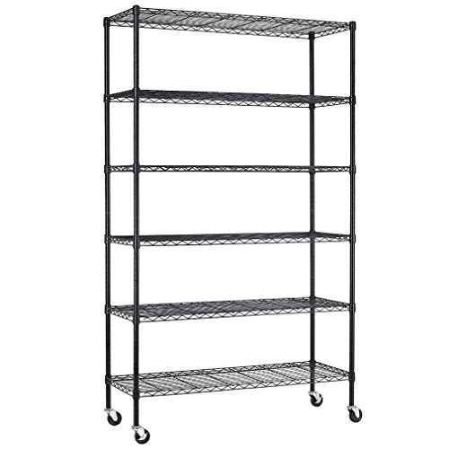 18x48x72 Inch Commercial Wire Shelving Unit with Wheels 6 Tier Heavy Duty Layer Rack Storage Metal Shelf Garage Organizer Wire Rack Shelving Adjustable Utility 2100 LBS Capacity with Casters,Black