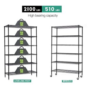 18x48x72 Inch Commercial Wire Shelving Unit with Wheels 6 Tier Heavy Duty Layer Rack Storage Metal Shelf Garage Organizer Wire Rack Shelving Adjustable Utility 2100 LBS Capacity with Casters,Black