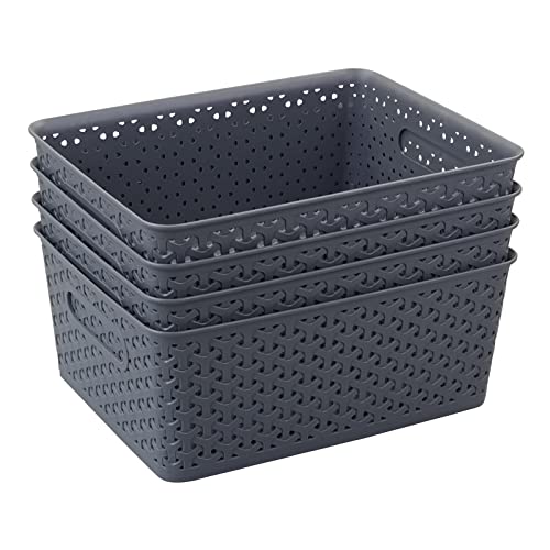 Doryh Woven Plastic Basket Organizer, Grey, 4 Packs