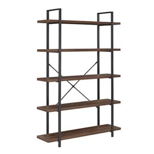 belleze 5-tier wood bookshelf, 70 inch industrial storage shelves organizer for living room, pantry, home office and garage, open display shelves with metal frame - dark walnut