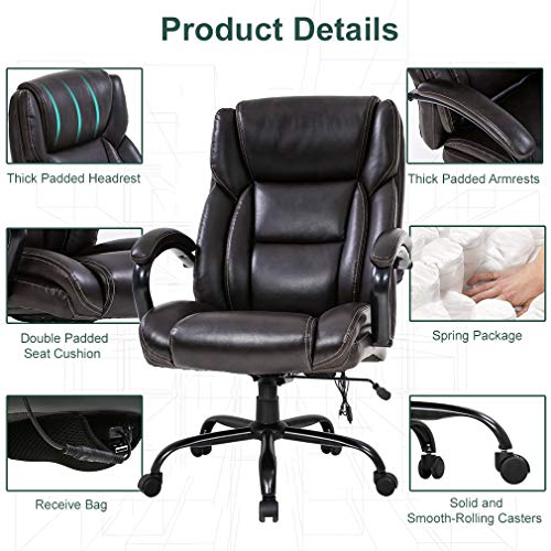 Big and Tall Office Chair 500lb Wide Seat Massage Desk Chair Ergonomic Computer Chair with Headrest Lumbar Support Armrest Rolling Swivel Chair Adjustable PU Leather Task Chair for Adults Women(Brown)