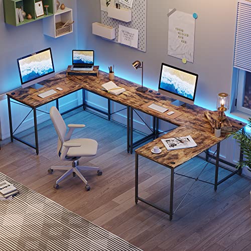 Bestier L Shaped Desk 95.2 Inch 2 Person Long Desk or Reversible Corner Computer Desk for Home Office Large Craft Table U Shaped Gaming Workstation with Monitor Stand & 3 Cable Holes, Rustic Brown