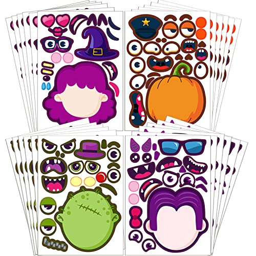 24 Sheets Halloween Pumpkin Craft Stickers Party Favors Make a Face Stickers Zombie Witch Vampire Self Adhesive DIY Stickers for Halloween Kids Toddlers Classroom Treats Party Game Stickers